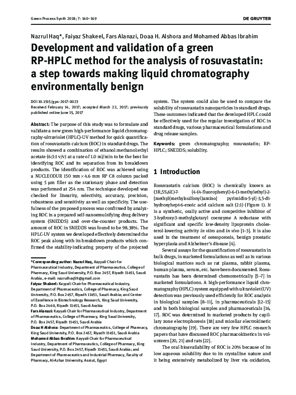 (PDF) Development and validation of a green RP-HPLC method for the analysis of rosuvastatin: a ...