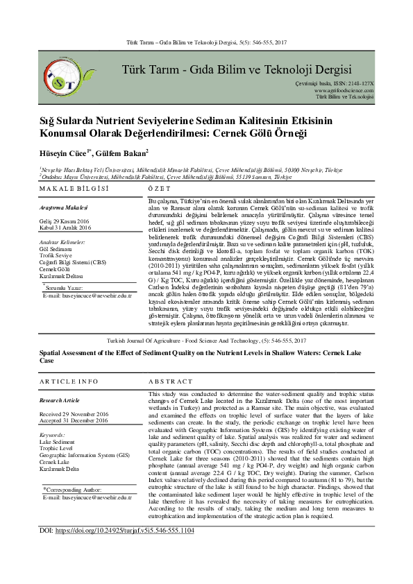 (PDF) Sığ Sularda Nutrient Seviyelerine Sediman Kalitesinin Etkisinin ...