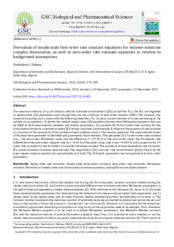 Pdf Derivation Of Steady State First Order Rate Constant Equations