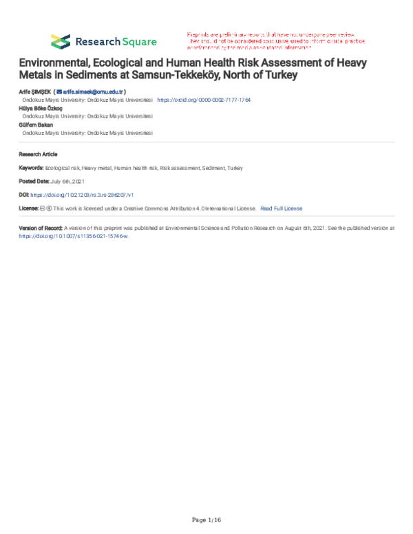 (PDF) Environmental, Ecological and Human Health Risk Assessment of ...