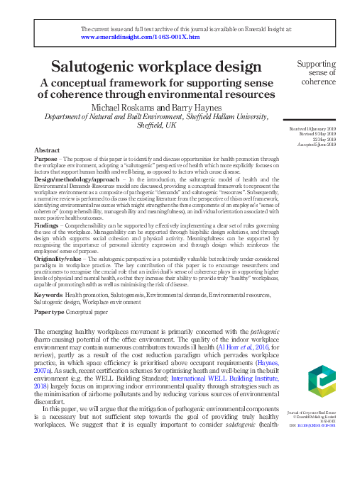 (PDF) Salutogenic workplace design A conceptual framework for ...