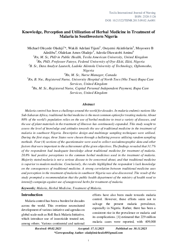 (PDF) Knowledge, Perception and Utilization of Herbal Medicine in Treatment of Malaria in ...