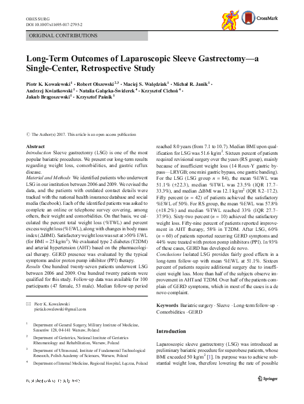 (PDF) Long-term outcomes of laparoscopic sleeve gastrectomy in those with class I obesity ...