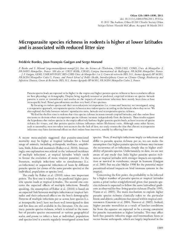 (PDF) Microparasite species richness in rodents is higher at lower ...