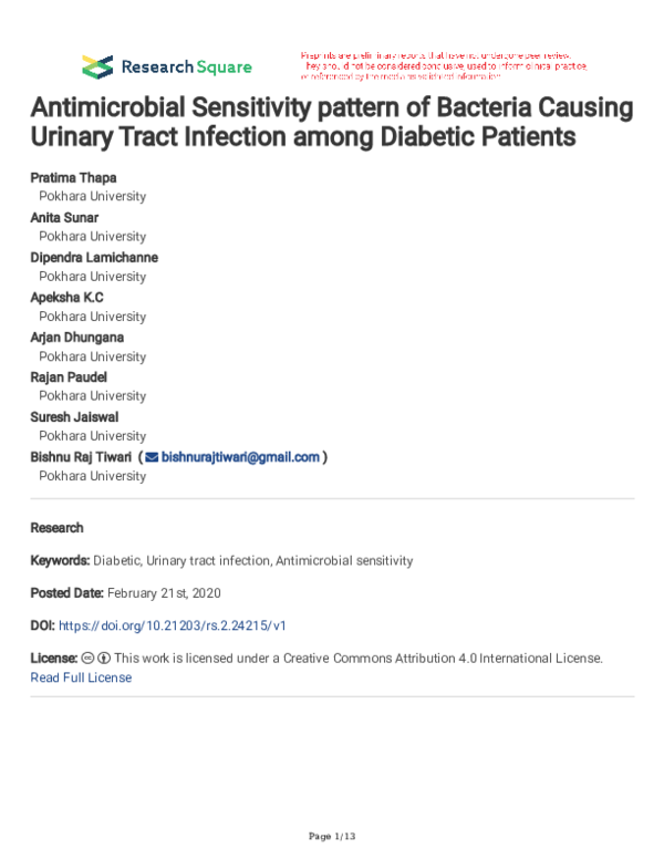 (PDF) Antimicrobial Sensitivity pattern of Bacteria Causing Urinary Tract Infection among ...