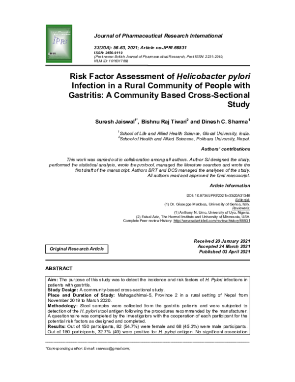 (PDF) Risk Factor Assessment of Helicobacter pylori Infection in a ...