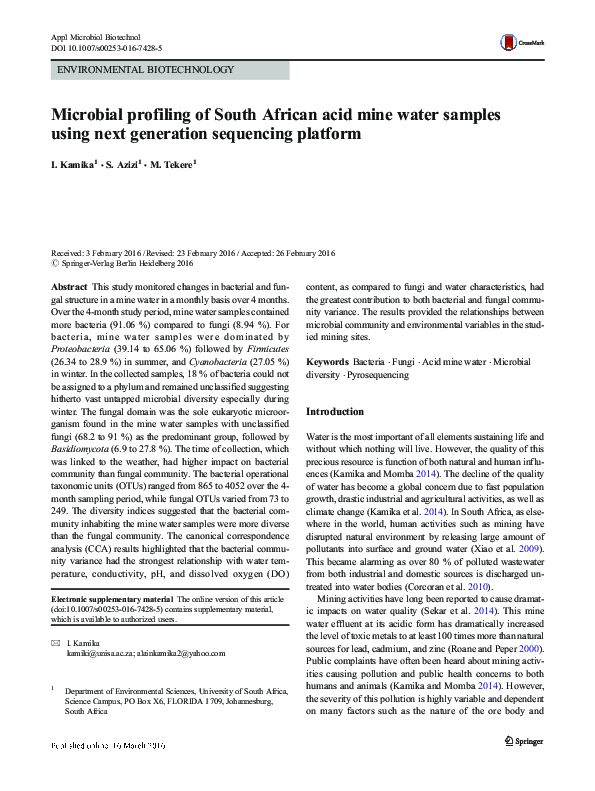 (PDF) Microbial profiling of South African acid mine water samples ...