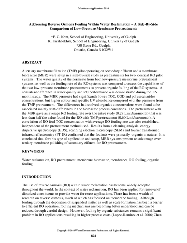 (PDF) Addressing Reverse Osmosis Fouling Within Water Reclamation — A Side-By-Side Comparison of ...