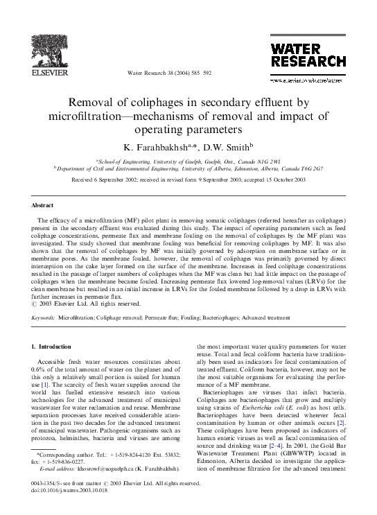 (PDF) Removal of coliphages in secondary effluent by microfiltration ...