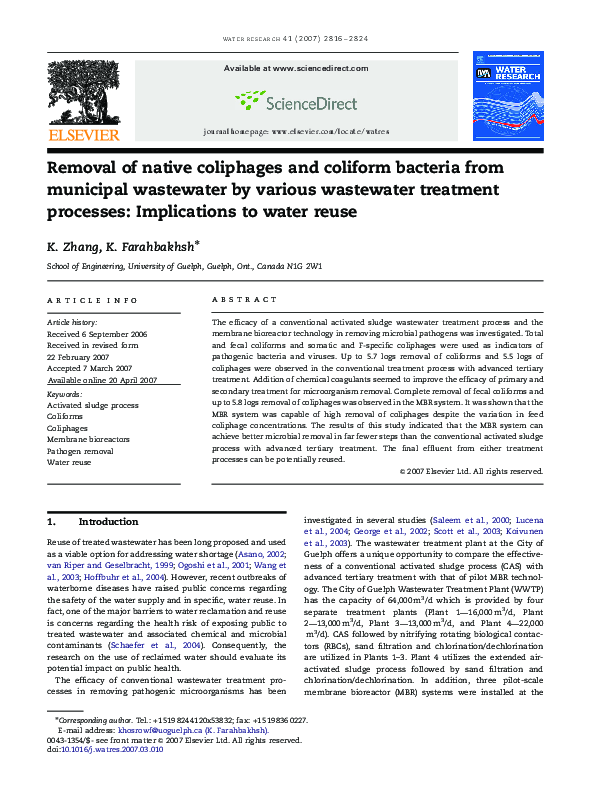 (PDF) Removal of native coliphages and coliform bacteria from municipal ...