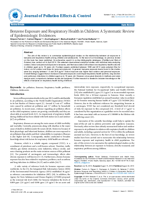 (PDF) Benzene Exposure and Respiratory Health in Children: A Systematic ...