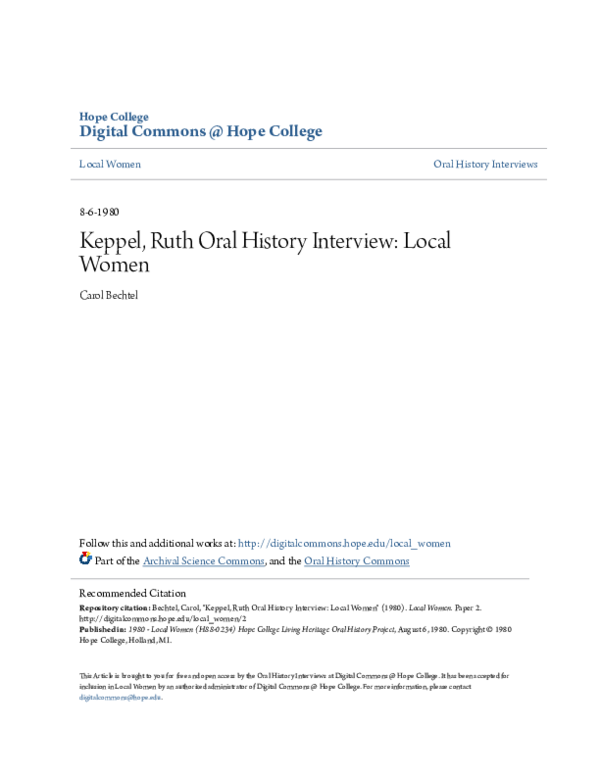 (PDF) Keppel, Ruth Oral History Interview: Local Women | Carol Bechtel ...