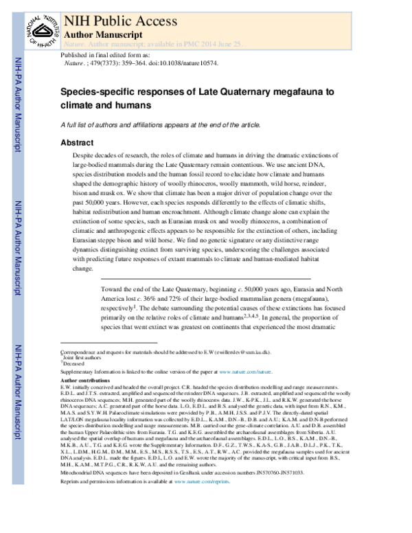 (PDF) Species-specific responses of Late Quaternary megafauna to ...