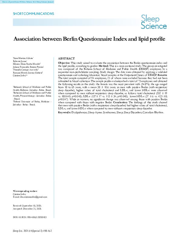 (PDF) Association between Berlin Questionnaire Index and lipid profile