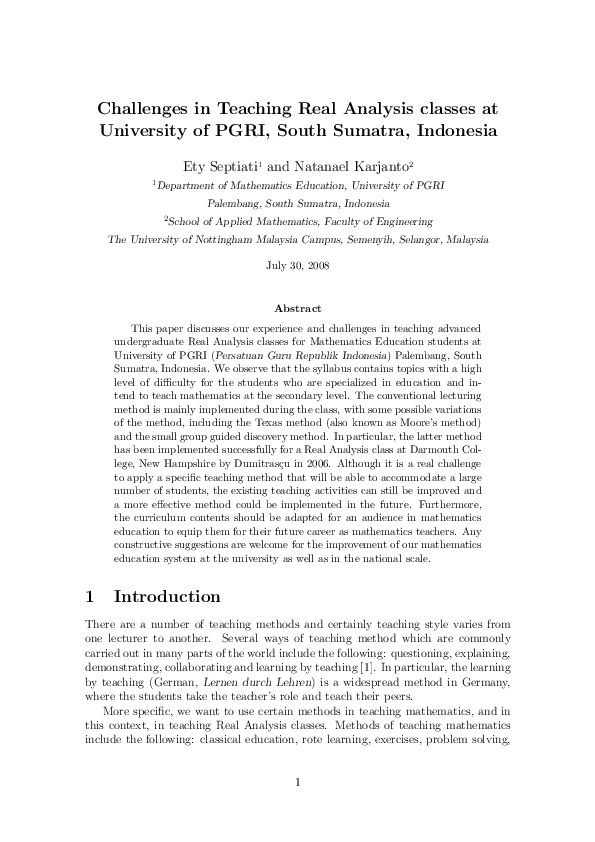 (PDF) Challenges in Teaching Real Analysis classes at University of ...