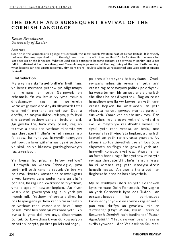 (PDF) The Death and Subsequent Revival of the Cornish Language