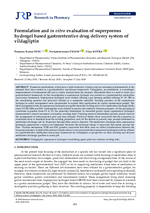 Pdf Formulation And In Vitro Evaluation Of Superporous Hydrogel Based Gastroretentive Drug