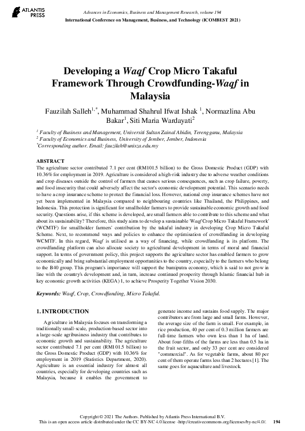 (PDF) Developing a Waqf Crop Micro Takaful Framework Through Crowdfunding- Waqf in Malaysia