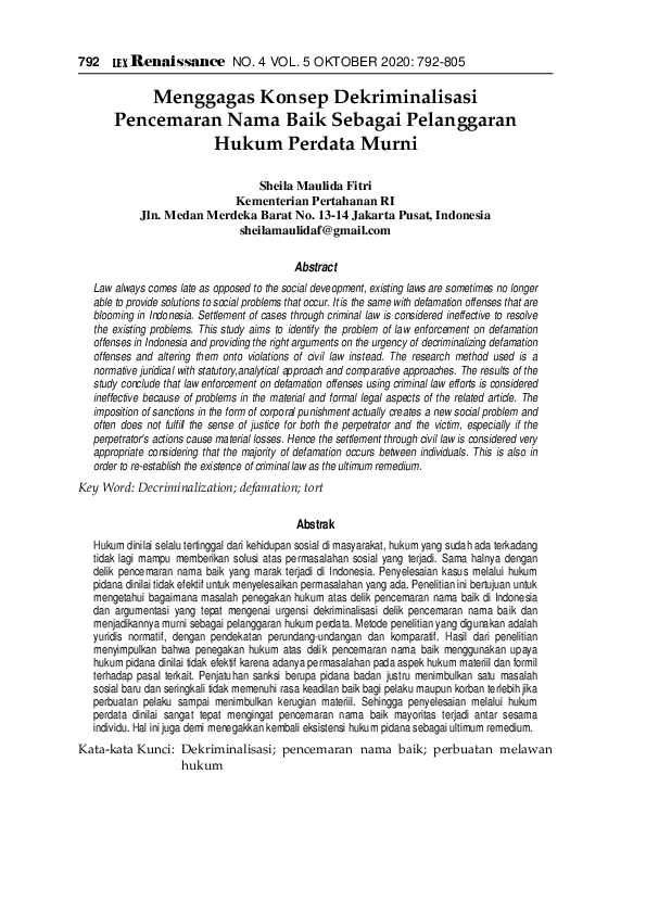 (PDF) Menggagas Konsep Dekriminalisasi Pencemaran Nama Baik Sebagai ...