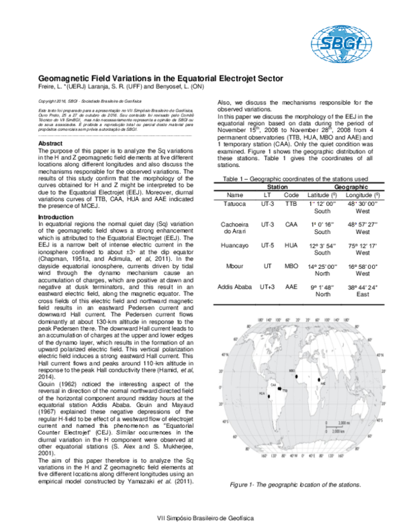 (PDF) Geomagnetic Field Variations in the Equatorial Electrojet Sector
