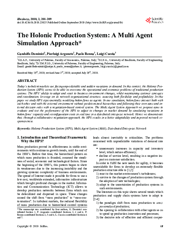 (PDF) The Holonic Production System: A Multi Agent Simulation Approach | Gandolfo Dominici ...