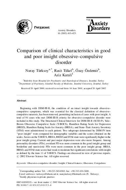 Comparison of clinical characteristics in good and poor insight ...