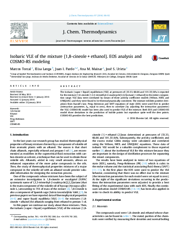 (PDF) Isobaric VLE of the mixture {1,8-cineole + ethanol}. EOS analysis and COSMO-RS modeling