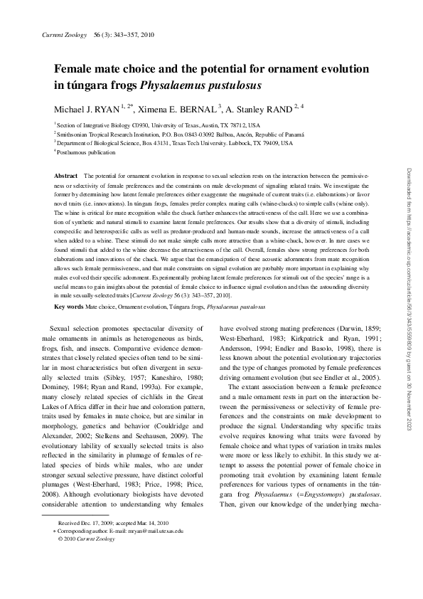 (PDF) Female mate choice and the potential for ornament evolution in ...
