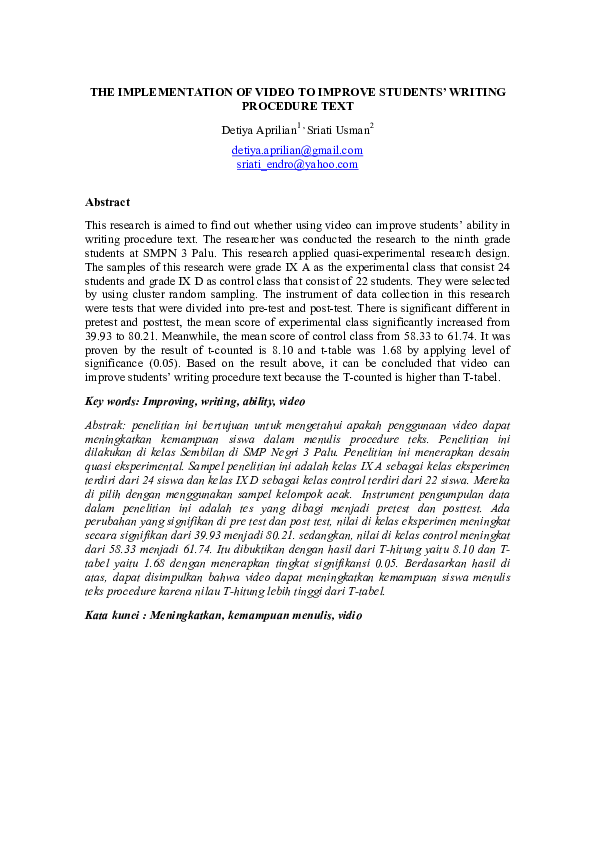 (PDF) The Implementation of Video to Improve Students’ Writing Procedure Text
