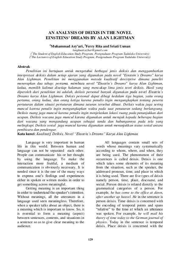 (PDF) An Analysis of Deixis in the Novel Einsteins’ Dreams by Alan Lightman | Sriati Usman ...