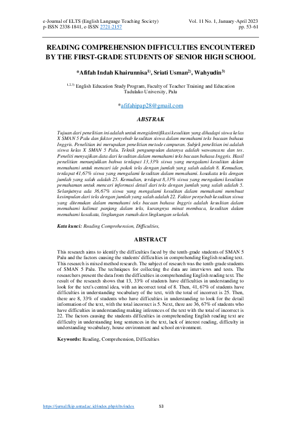 (PDF) Reading Comprehension Difficulties Encountered by the First-Grade ...