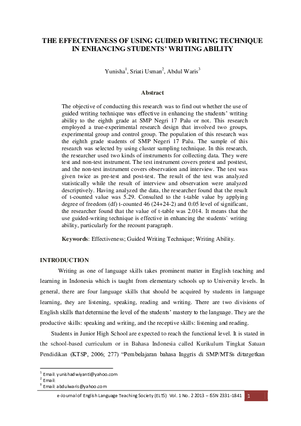 (PDF) The Effectiveness of Using Guided Writing Technique in Enhancing Students' Writing Ability