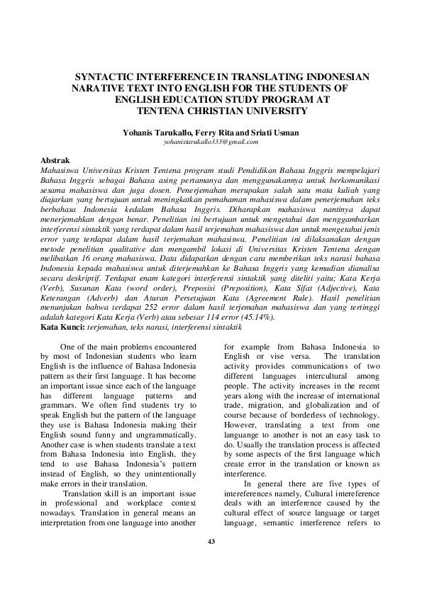 (PDF) Syntactic Interference in Translating Indonesian Narative Text Into English for the ...