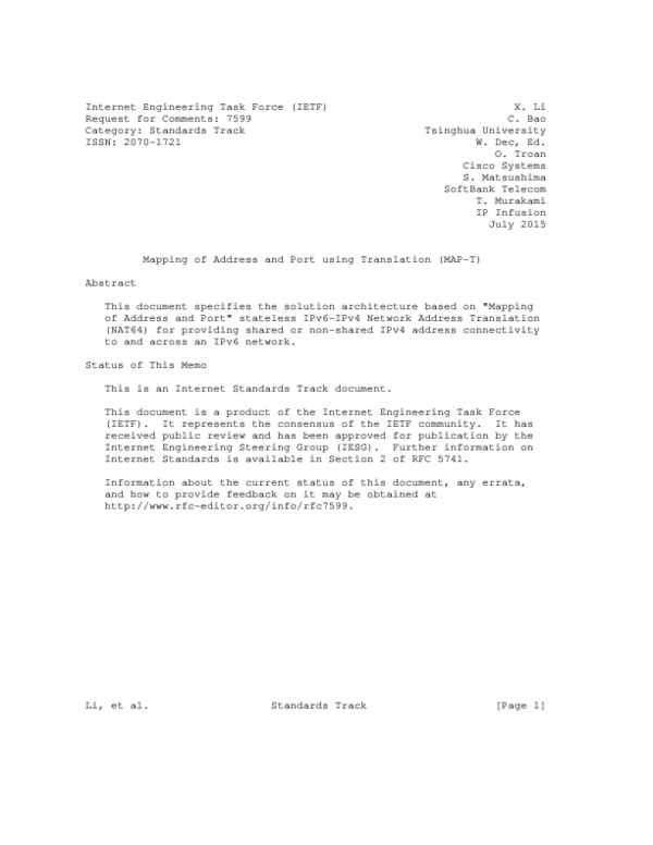 (PDF) Mapping of Address and Port using Translation (MAP-T)