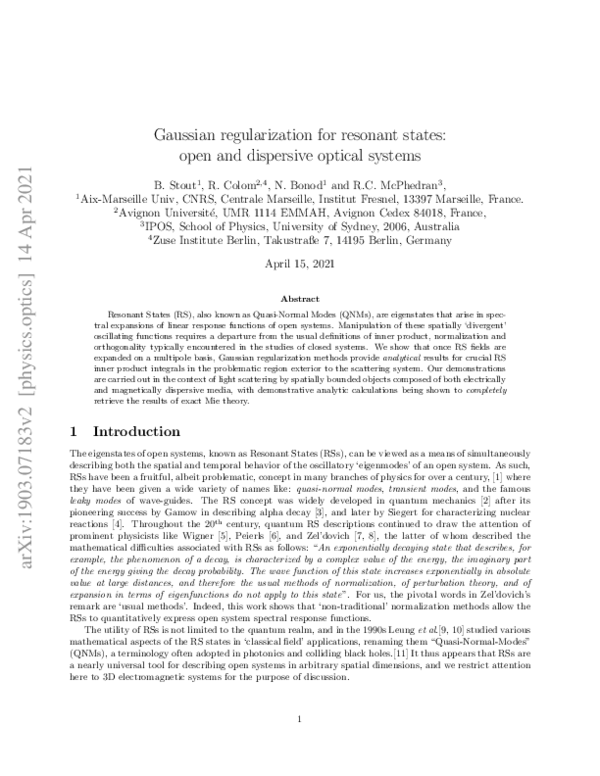 Pdf Gaussian Regularization For Resonant States Open And Dispersive Optical Systems Brian