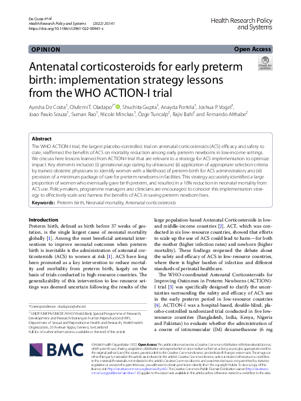 (PDF) Antenatal corticosteroids for early preterm birth: implementation ...