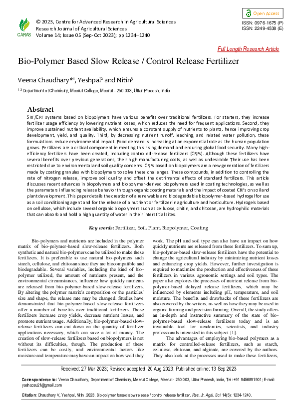 (PDF) Bio-Polymer Based Slow Release / Control Release Fertilizer