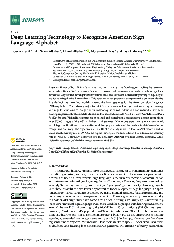 (PDF) Deep Learning Technology to Recognize American Sign Language Alphabet | Easa Alalwany ...