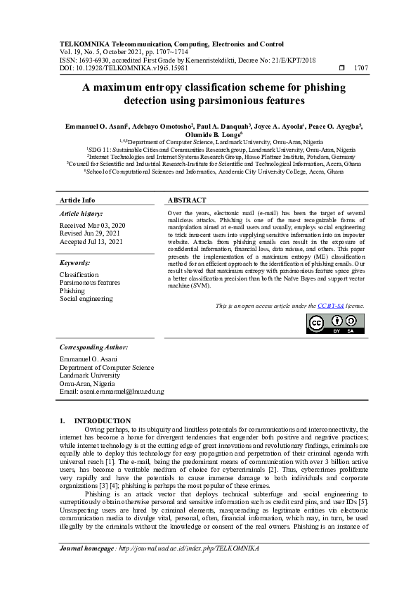 (PDF) A maximum entropy classification scheme for phishing detection using parsimonious features
