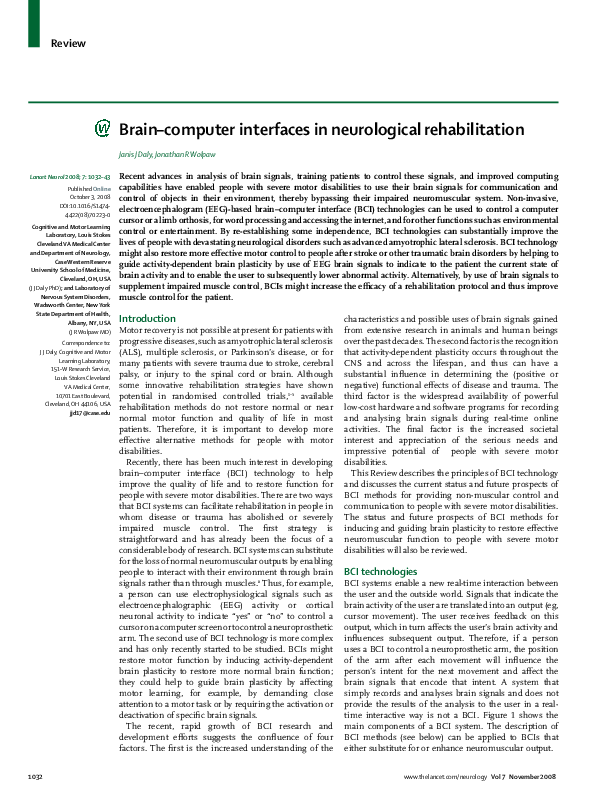 (PDF) Brain–computer interfaces in neurological rehabilitation