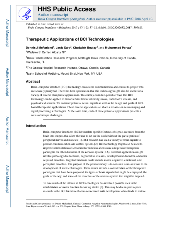 (PDF) Therapeutic applications of BCI technologies