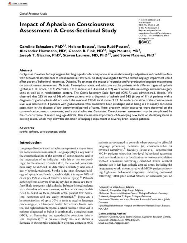 (PDF) Impact of Aphasia on Consciousness Assessment | Steve Majerus ...