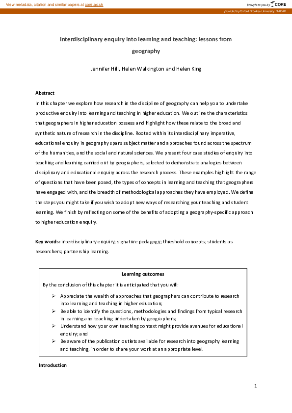 (PDF) Interdisciplinary enquiry into learning and teaching: lessons from Geography