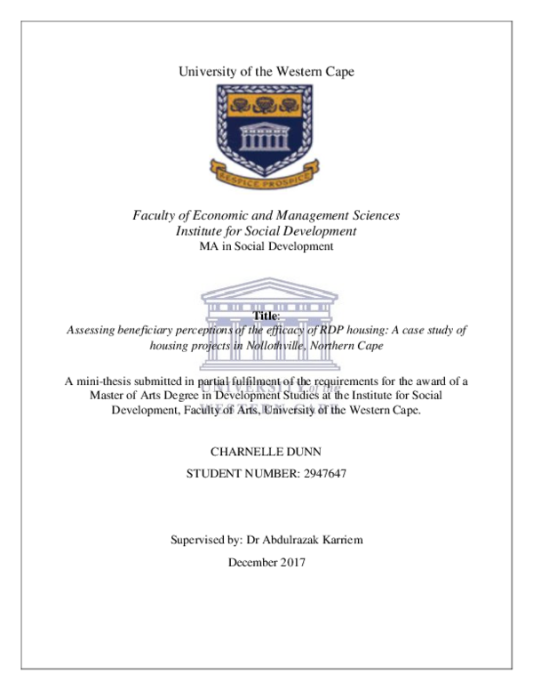 (PDF) Assessing beneficiary perceptions of the efficacy of RDP housing ...