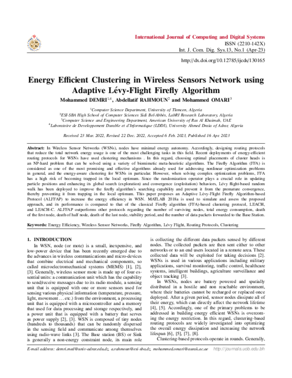 (PDF) Energy Efficient Clustering in Wireless Sensors Network using Adaptive Levy-Flight Firefly ...