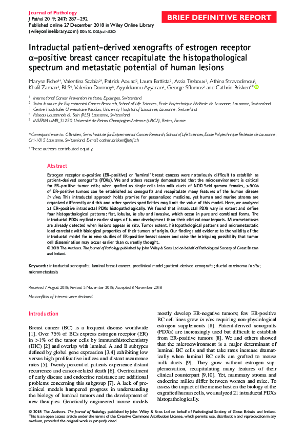 (PDF) Intraductal patient‐derived xenografts of estrogen receptor α ...