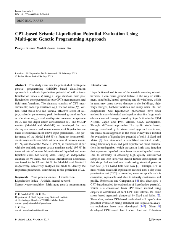 (PDF) CPT-based Seismic Liquefaction Potential Evaluation Using Multi-gene Genetic Programming ...