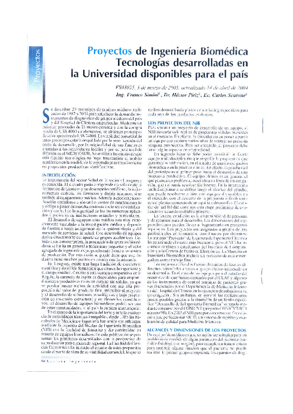 (PDF) Proyectos de ingeniería biomédica: tecnologías desarrolladas en ...