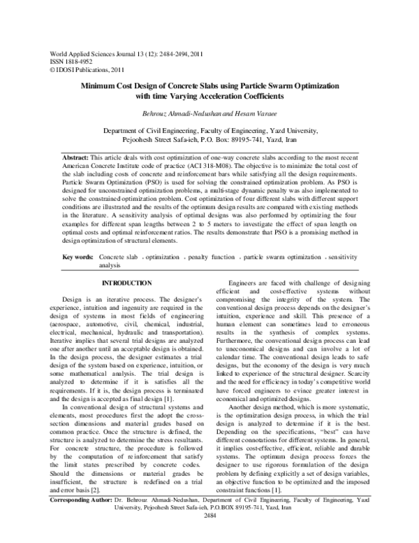 (PDF) Minimum Cost Design of Concrete Slabs using Particle Swarm Optimization with time Varying ...