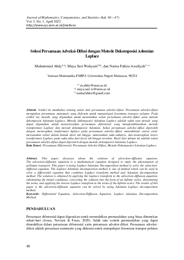(PDF) Solusi Persamaan Adveksi-Difusi dengan Metode Dekomposisi Adomian ...